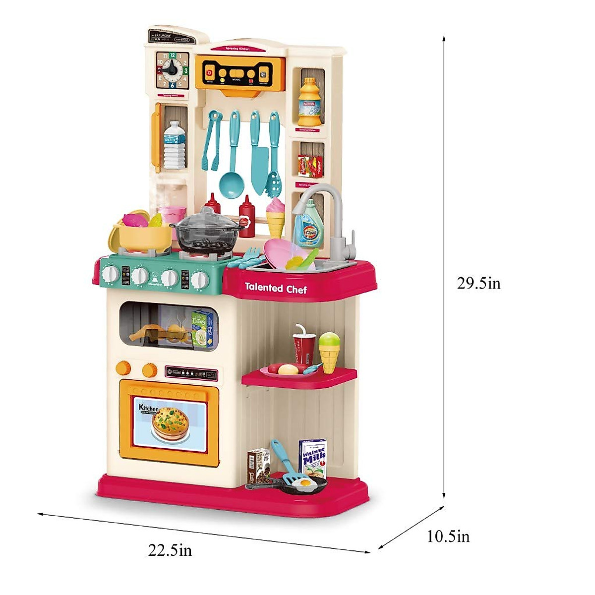 FRJINIE Toy Kitchen for Toddler, Kids Kitchen Set with Play Sink with Running Water, Realistic Light & Sound, Pretend Role Play Kitchens Apron Temperature Sensing Play Food for Boys & Girls (Red#2)