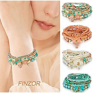 FINZOR 8 Sets Bohemian Stackable Bead Bracelets for Women Bohemian Bracelets Stretch Multi Layered beads Bracelet Set Boho Multicolor Jewelry