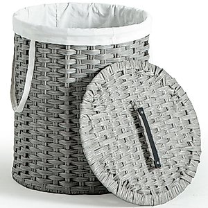KUREEISE Laundry Basket with Lid, Handwoven Rattan Laundry Hamper, No Install Needed, 26.5 Gal (100L) Round Clothes Hamper with Removable Bag & Handles, Foldable Storage Basket