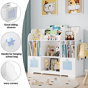 FACBOTALL Kids Bookshelf with 2 Drawers, 3 Tier Wooden Toy Storage Organizer, Wavy-Patterned Toy Box for Boys & Girls, Toddler Book Shelf for Kids Rooms, Nursery, Playroom, Living Room, White & Blue