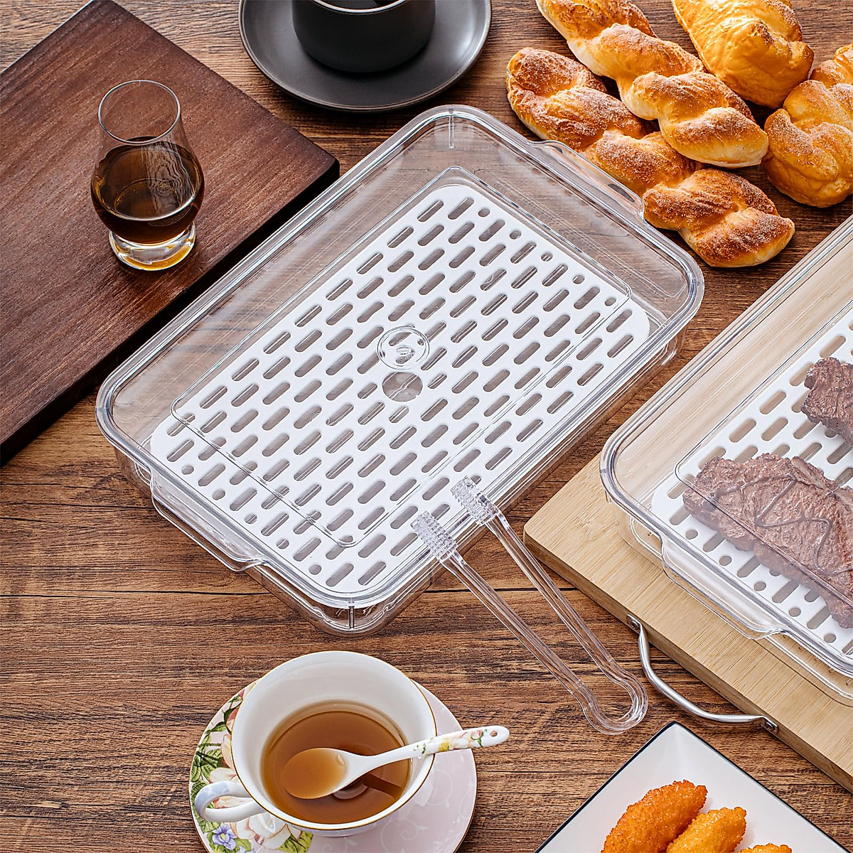 2 Pcs Bacon Storage Container for Refrigerator with Tong, Bacon Deli Meat Storage Container with Perforated Tray for Freshness, Clear Plastic Meat Saver for Fridge Food