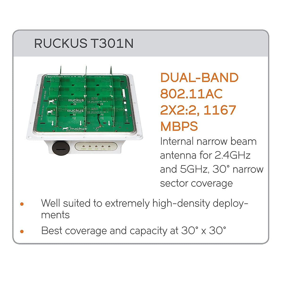 Ruckus Zoneflex T301n Outdoor Access Point (802.11ac, Narrow Beam Antennas, Dual-Band 2.4GHz and 5GHz Antennas, Beamflex, Water and Dustproof POE) 901-T301-US61 (Renewed)