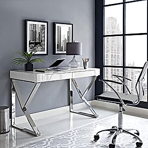 Modway Adjacent Contemporary Modern Office Desk With Metallic Legs in White