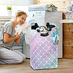 Blueangle Large Violet And Blue Mermaid Scales Laundry Basket Collapsible Oxford Fabric Laundry Hamper Foldable Clothes Laundry Bag with Handles