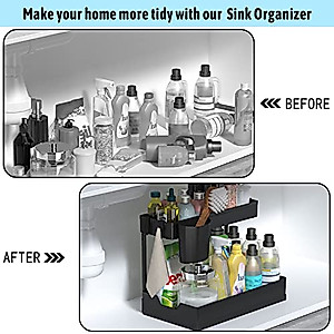 FUNXIM Under Sink Organizer, Under Sink Organizers And Storage, 2 Tier Slide Out Sink Shelf Cabinet Storage Shelves, Multi-Purpose Kitchen Bathroom Sink Organizer, With Organization And Storage Hooks