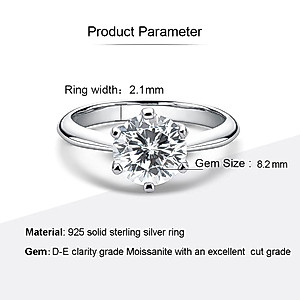 Voogueme 2.0 Carat Selection Six-Prong Solitaire Moissanite Engagement Wedding Anniversary Promise Rings in Solid Sterling Silver Ring for Women with Gift Box