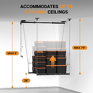 eShelf Adjustable Overhead Garage Storage Rack, 4x4ft Garage Ceiling Storage Lift, Heavy Duty Garage Storage Lift System With 300lbs Weight Capacity, Perfect for Kayaks, Ladders