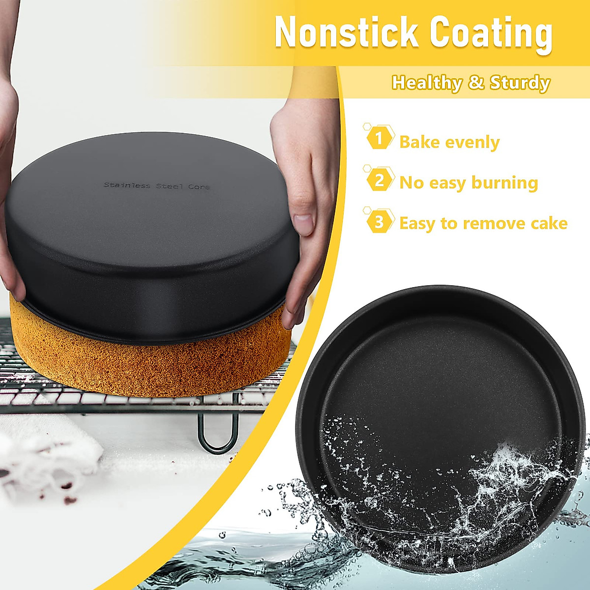 E-far 3-Piece Cake Pan(4/6/8 Inch), Nonstick Stainless Steel Round Baking Cake Pans, Metal Cake Mold Tins for Birthday/Wedding, Stainless Steel Core & Non-toxic Coating, Straight Side & 2 Inch Deep