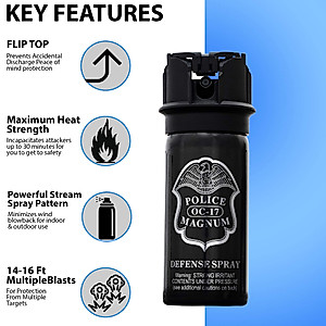 POLICE MAGNUM Black Pepper Spray Self Defense Safety Canister- Max Strength- 2oz Flip Top Stream