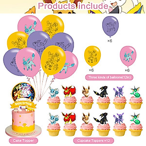 Eevee Aesthetic Evolutions Party Decorations,Birthday Party Supplies For Eevee Aesthetic Evolutions Party Supplies Includes Banner - Cake Topper - 12 Cupcake Toppers - 18 Balloons