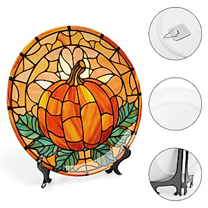 Thanksgiving Decorative Plates for Home Decor, Stained Glass Pumpkin & Leaves Decor Tray for Table Display, Ceramic Dinner Plate W/Stand, Living Room Dining Room Decor, Housewarming Gifts, 8 Inch