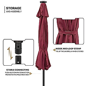 MoNiBloom 9 ft Patio Umbrellas Solar LED Lighted Patio Market Crank Lift Water-proof Umbrella with 8 Ribs and Sturdy Pole for Yard Garden Poolside Patio, Burgundy