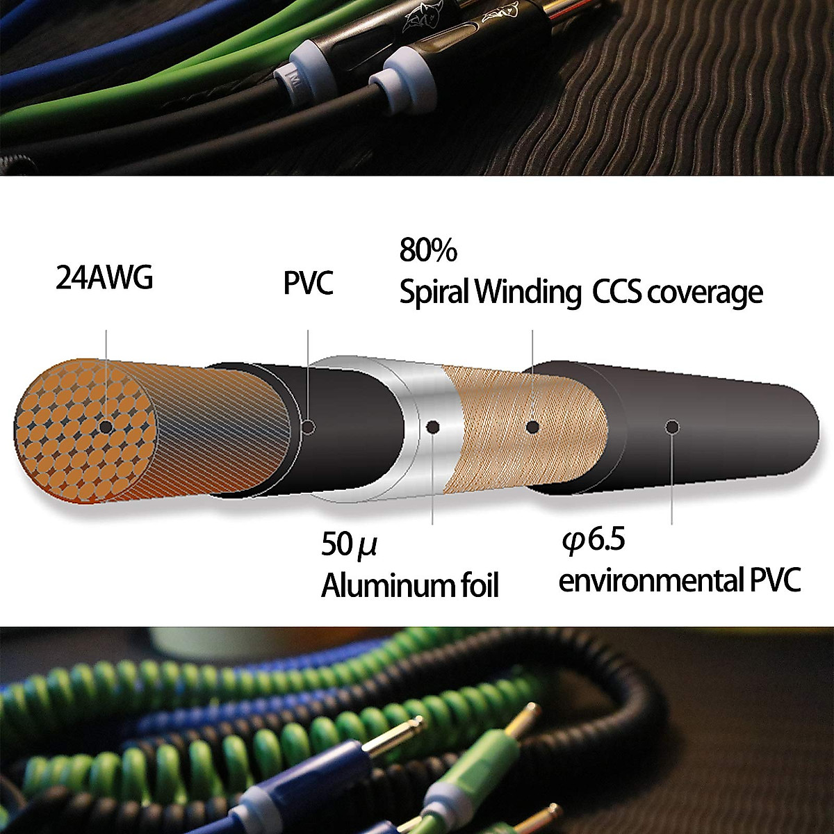 Aestivate Coiled Guitar Cable Electric Instrument Cable 10 ft Curly Instrument Cable Coil Guitar Cable Stretchable Straight to Straight Dual Straight Plugs (Black)