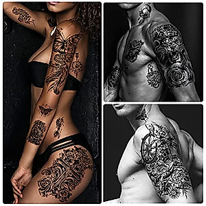 49 Temporary Tattoos Waterproof for Men and Women, 3D Realistic Half Arm Fake Tattoos, Floral Animal Peony Rose Butterfly Tiger Snake Tattoo Stickers for Teens Girls Body Hand Shoulder Chin