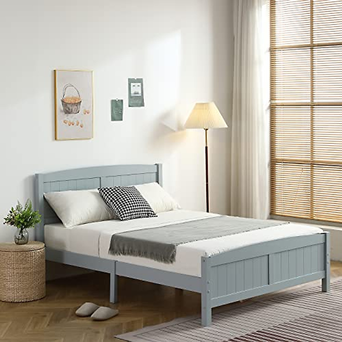 nycsuoani Full Bed Frame No Box Spring Needed Full Pine Single-Layer Core Vertical Stripe Full-Board Curved Bed Head with The Same Bed Foot Wooden Bed 77.8 x 56.5 x 37.8 in. Gray