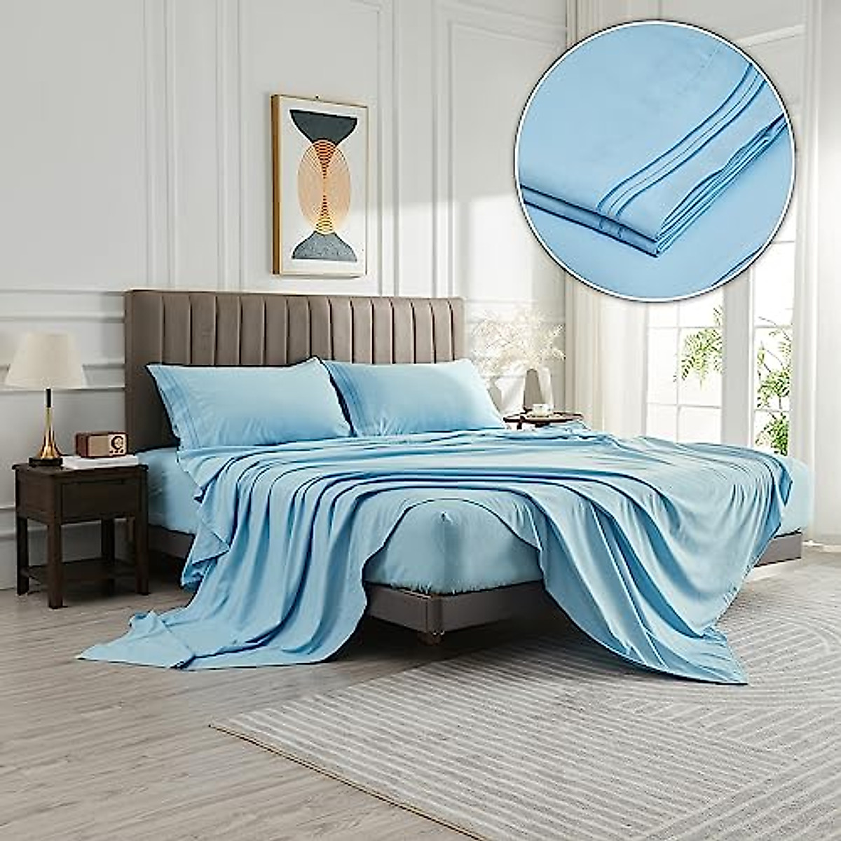 WOD FAMY Microfiber Full Size Bed Sheet Set Extra Soft Deep Pockets Luxury Hotel Light Blue Bed Sheets Breathable & Cooling Wrinkle Free 4 Piece Set Fulls Sheets