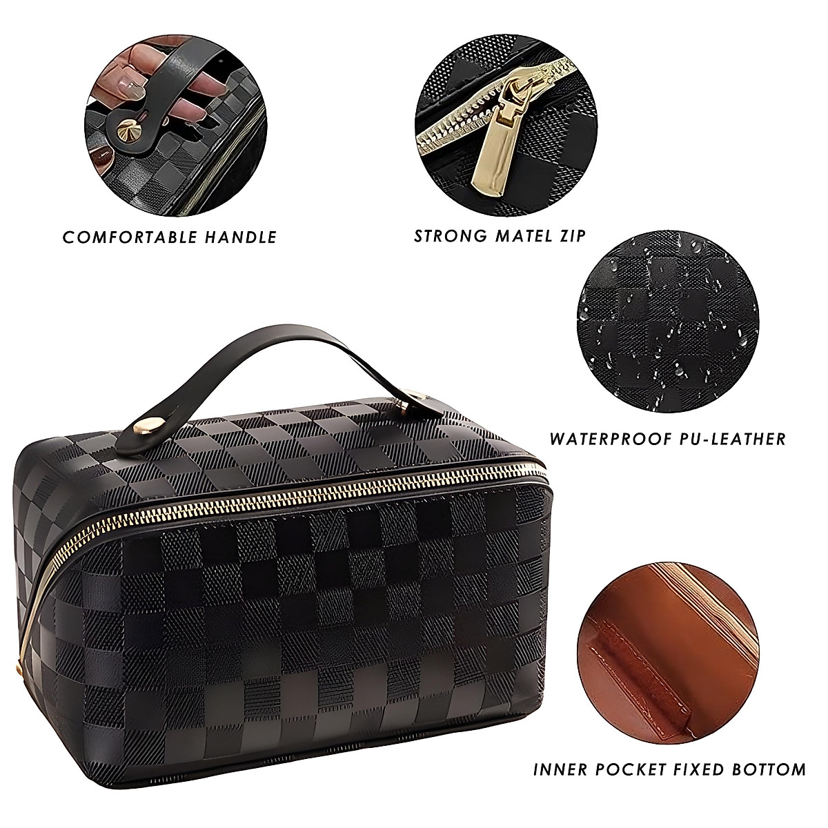 Checker Makeup Bag, Checkered Cosmetic Bag, Large Capacity Travel Cosmetic Bag, Everyday Makeup Bag, Emergency Bag for Teen Girls (WHITE)