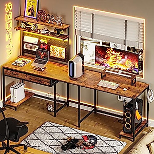 SEDETA L Shaped Gaming Desk with LED Lights and Drawers, Gaming Desk with Hutch & Pegboard, Computer Desk with Monitor Stand, Storage Shelves, Home Office Desk Corner Desk, Gaming Table, Rustic Brown