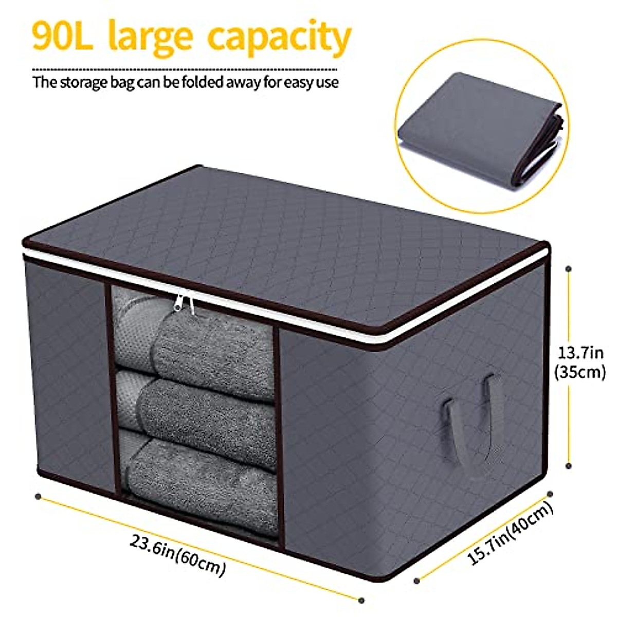 YearningHome 6Pack 90L Storage Bag for Clothes Large Capacity Storage Containers with Reinforced Handle Foldable Closet Organizer for Comforters, Blankets, Bedding, Sweater with Sturdy Zipper, Clear Window, Grey