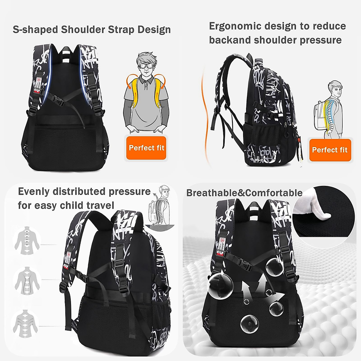 Kids Backpack for Boys Teen Travel Bag with USB Charging Port Geometric Pattern School Bag Middle School Students Bookbags