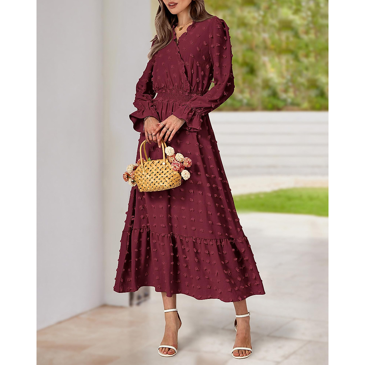 BTFBM Women Spring Dresses 2025 Long Sleeve V Neck Swiss Dots Maxi Dress Boho Long Dress High Waisted A-Line Ruffle Dress(Solid Wine Red,Medium)