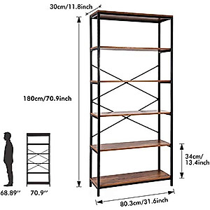 Solid Open Book Shelves, 71 Tall Modern Bookshelf 6 Foot, Free Standing Display Shelving Unit, 5 Tier Industrial Bookcase for Living Room Bedroom - Black Metal Frame & Rustic Cherry Wooden Shelves