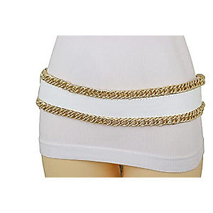 Women White Wide Fashion Belt - Elastic Waistband Gold Metal Chain Links Size S, Silver, One Size