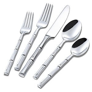 Flatasy Silverware Set Silver Bamboo Handle Flatware Stainless Steel Heavy Cutlery Set 20 Pieces Mirror Polished Spoons Forks and Knives Service for 4