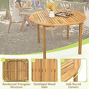 Tangkula Round Outdoor Dining Table, Acacia Wood 4-Person Large Dining Table, Farmhouse Patio Indoor Bistro Table, for Yard Deck Lawn Dining Room