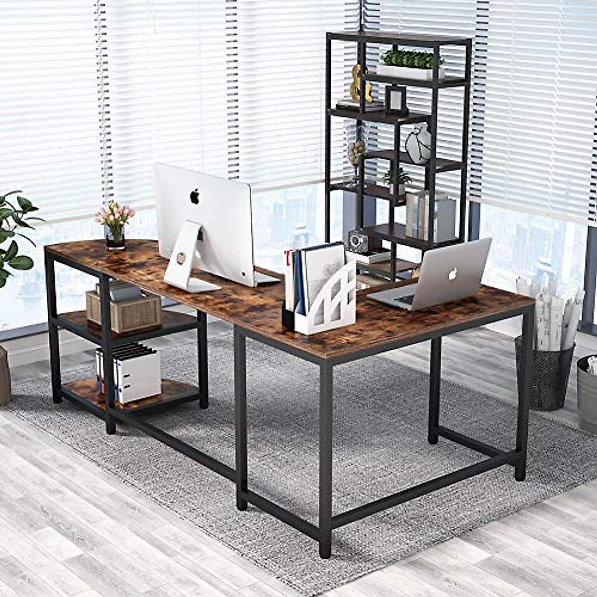 Tribesigns L-Shaped Desk with Corner Shelf, 74 inch Corner Computer Desk Study Writing Workstation with 3-Tier Reversible Storage Shelf for Home Office Use (Rustic Brown)