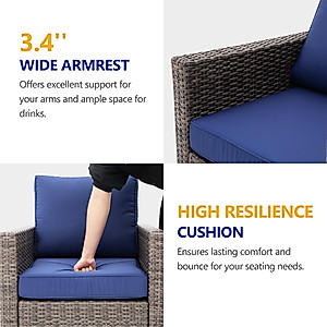 RoyalCraft 7 Piece Outdoor Patio Furniture Set, All-Weather Rattan Wicker Sectional Sofa Set with Glass Coffee Table, Outdoor Conversation Set for Balcony Backyard Porch, Blue Cushion