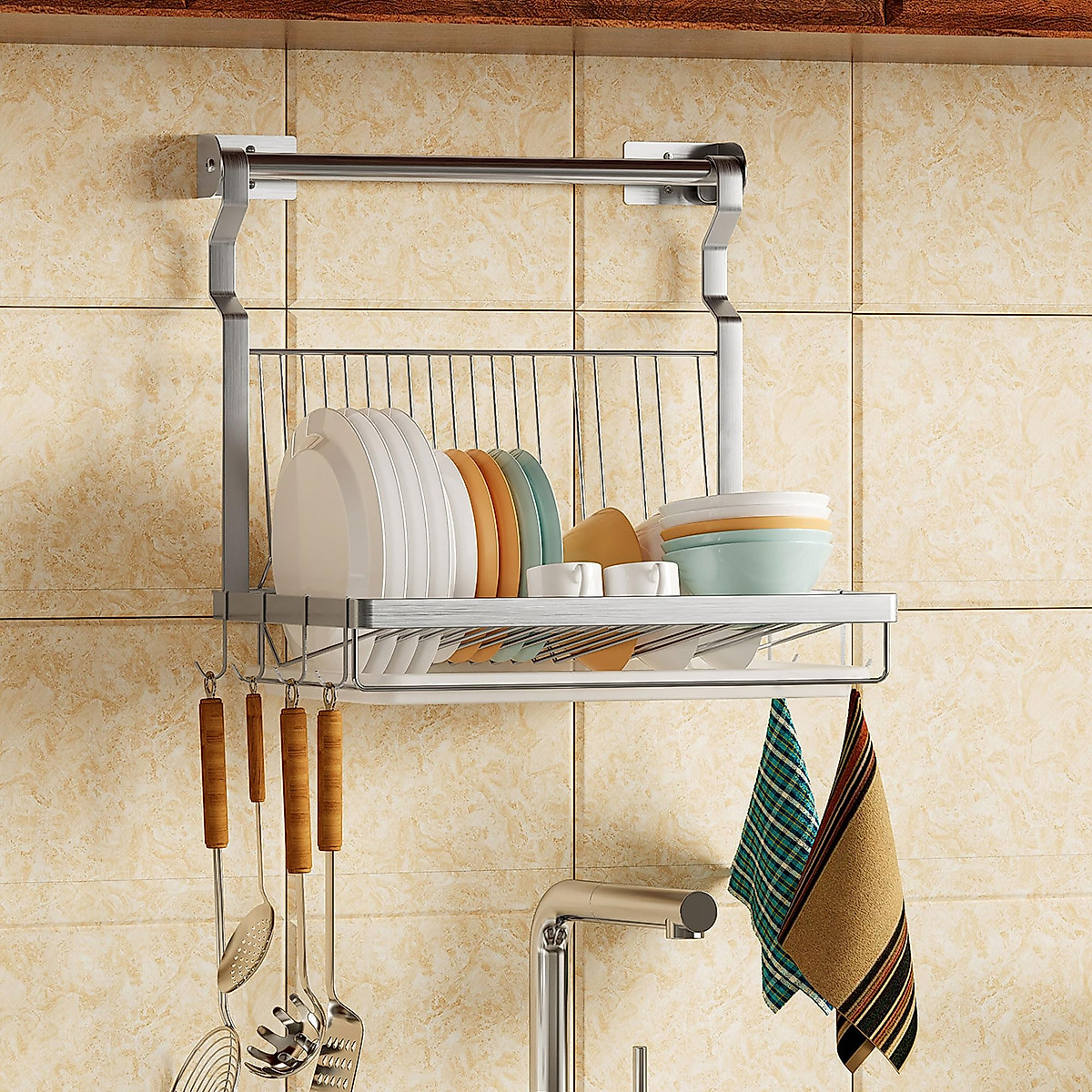 TQVAI Stainless Steel Hanging Dish Drainer Folding Dish Drying Rack with Rod, Drainboard and Hanging S Hooks - Silver