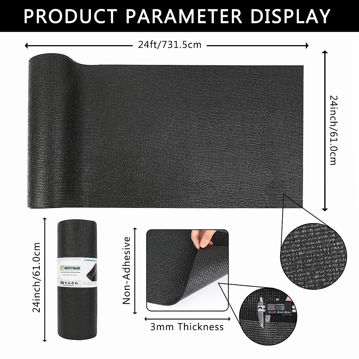 Foam Toolbox Liner Drawer Mat 1/8 Inch Thick X 24 Inch Wide X 24 Ft Long Black, No Slip for Protecting Cabinet, Garage, Cart, Tool Box