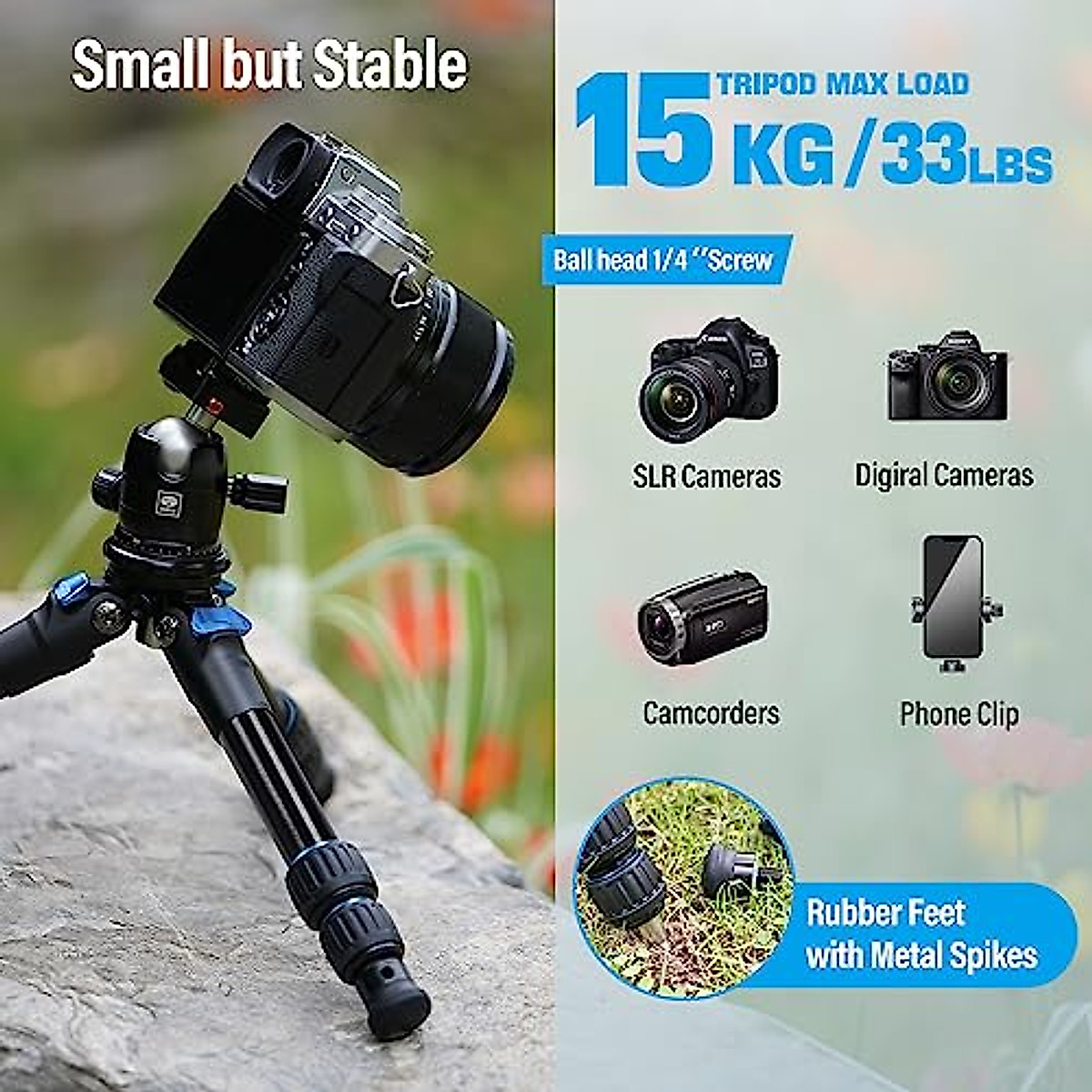 SIRUI AM203 Mini Travel Tripod with 360° B00K Ball Head, Aluminum Tabletop Tripod for Camera, Max Load 33lbs/15KG, Folded Height 11.4”, Max Height 16.7”