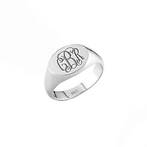 Elefezar 925 Sterling Silver Personalized Horizontal Oval Signet Ring Custom Letter Monogrammed Ring (Silver)