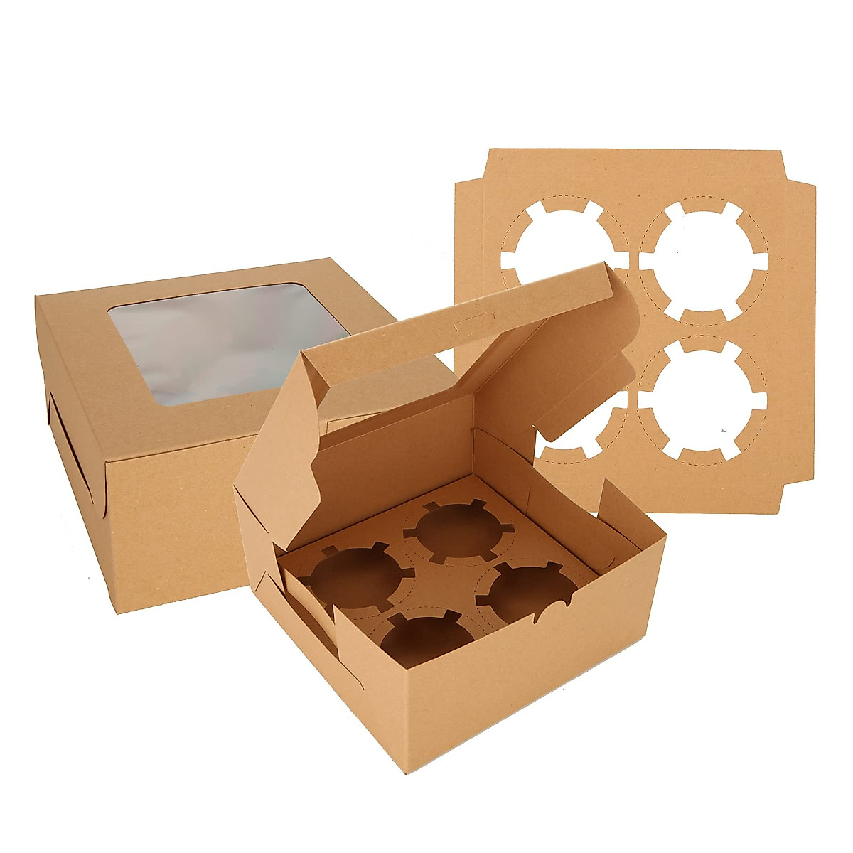 QTLCOHD 100Pcs Cupcake Boxes 4 Count Cupcake Containers 6x6x3 Inch Brown Cupcake Box Bulk for Cupcakes Muffins Cookies Pastries