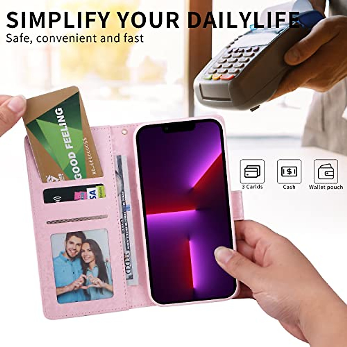 JGG iPhone 13 Pro Max Case Wallet 3D Flowers Blossoming Bronzing Shell Texture with RFID Blocking Magnetic Clasp Card Slot Holder Protective Shockproof Cover for iPhone 13 Pro Max Wallet Case