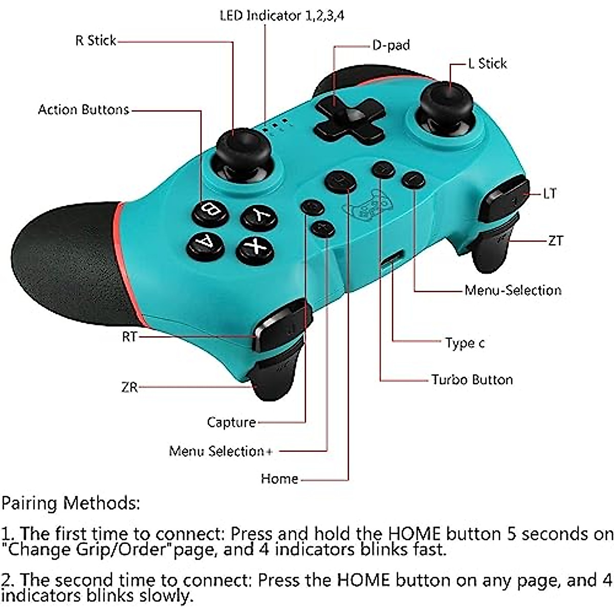 Diswoe Controller for Switch, Wireless Pro Controller for Switch/Switch Lite/Switch OLED, Remote Gamepad with Joystick, Adjustable Turbo Vibration, Ergonomic Non-Slip - Blue