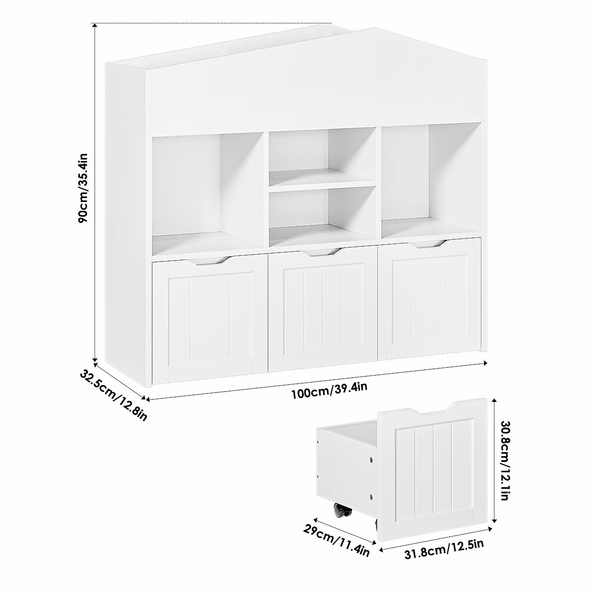 FOTOSOK Toy Storage Organizer with 3 Movable Drawers, Toy Organizers and Storage with Concealed Wheels and 7 Cubbies, Toy Storage Kids Storage Organization, Playroom Furniture, White