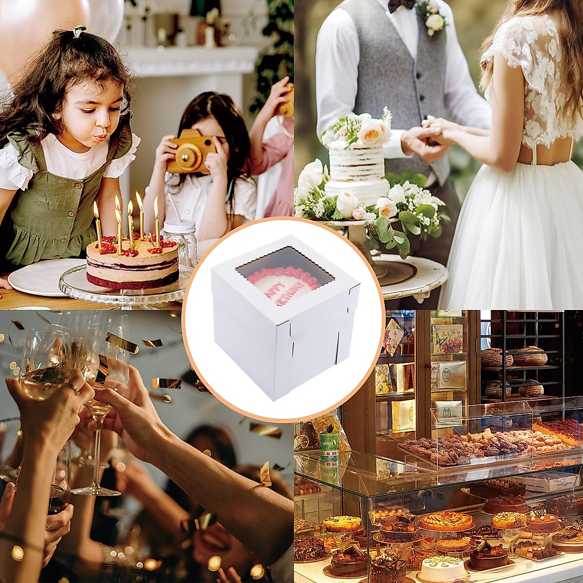 Huoshange Tall Cake Boxes for Tier Cakes,2 Sizes 4 Pack 10x10x12in and 12x12x12in,Sturdy Cardboard Cake Boxes Shipping in 2 3 Tier for Layer Tiered Cakes，Disposable Cake Containers