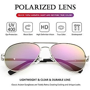 AIEYEZO Classic Aviator Polarized Sunglasses for Men Women Spring Hinge Metal Frame UV400 Protection (Silver/Purple Mirror)