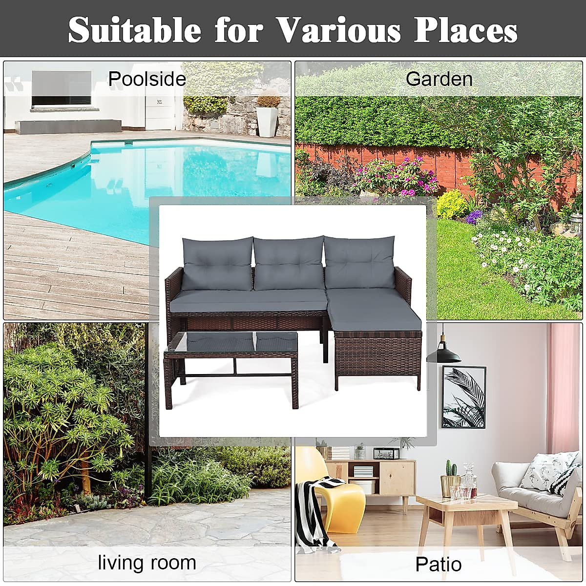 COSTWAY 3PCS Patio Wicker Rattan Sofa Set Outdoor Sectional Conversation Set Lawn Garden Gery