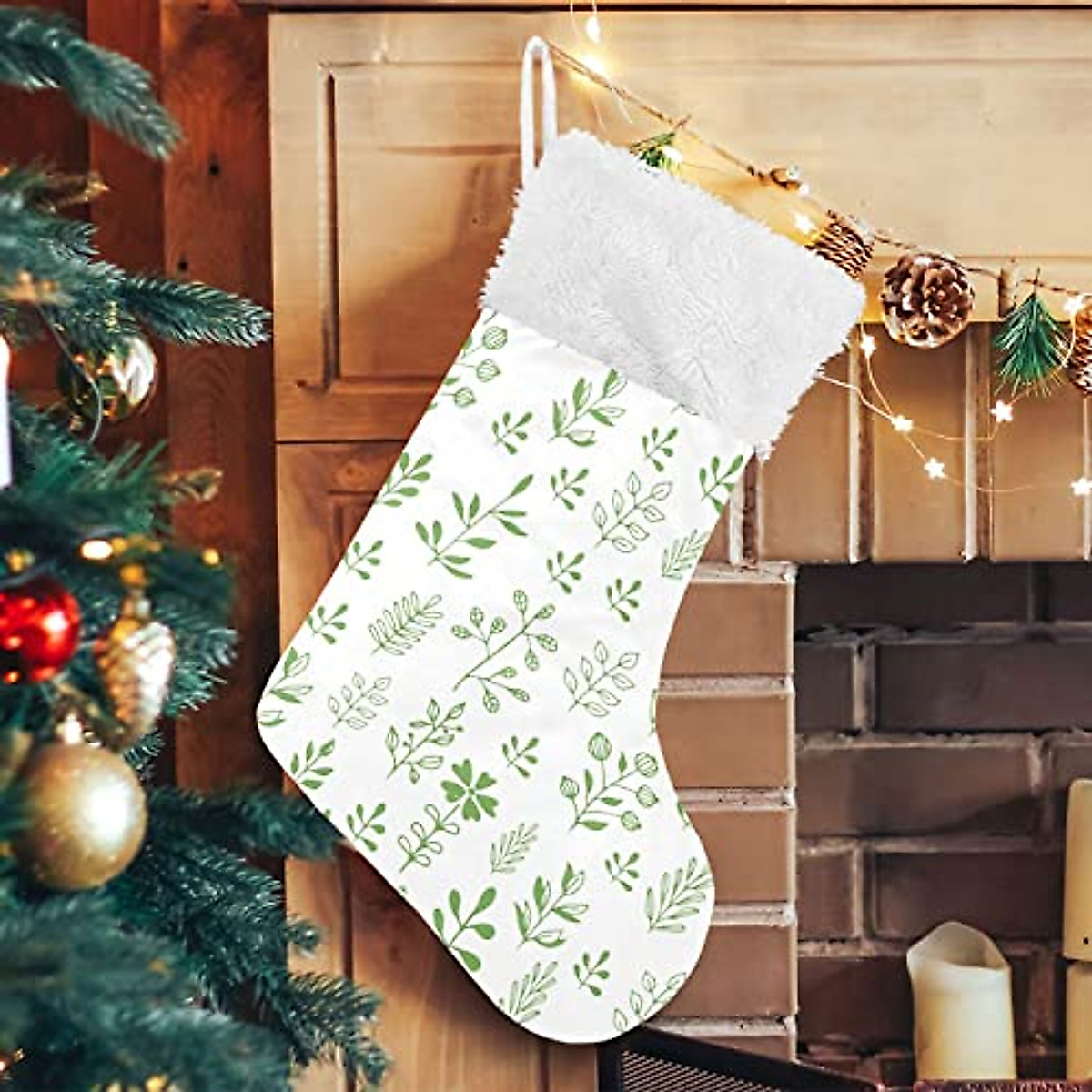 Kigai Christmas Stockings Cute Leaf Green Large Candy Stockings Stuffers Kids Cute Xmas Sock Decorations 2PCS for Home Holiday Party 12" x18"