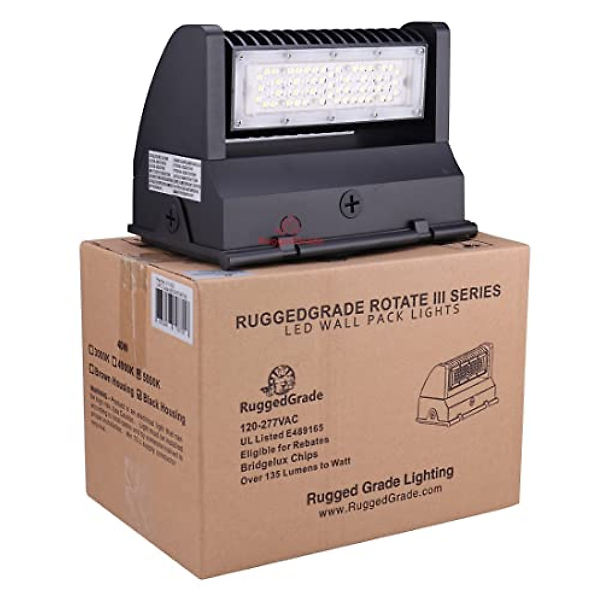 RuggedGrade 5,600 Lumen - 40 Watt Rotate III Series LED Wall Pack - 5000K - High Efficiency 140 Lumen to watt - Black Color - with Photocell