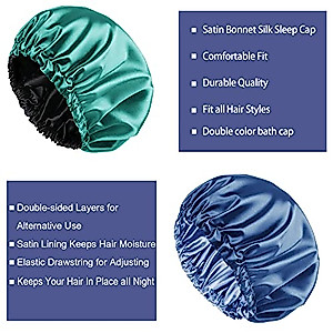 2Pack Satin Bonnet for Sleeping Silk Bonnet Hair Bonnets Cap, Double use Extra Large Double Layer Reversible Adjustable, Sleep Bonnet Used to Keep Hair Dry During Sleep. Green-Blue