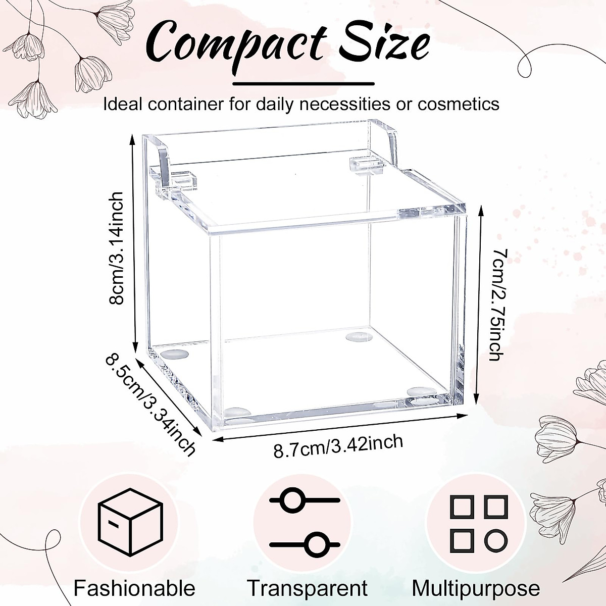 Qtip Holder Cotton Ball Dispenser Acrylic Container for Cotton Swab, Cotton Pads, Floss Picks Restroom Containers Bathroom Essentials Accessories Decor Vanity Storage Organizer, 3.3'' x 3.2'' x 2.75''