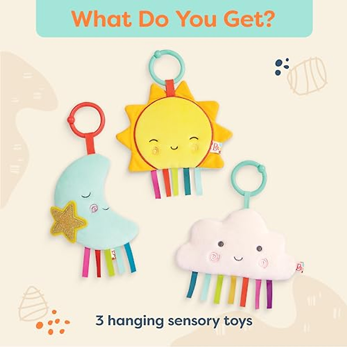 B. baby – 3 Sensory Baby Toys – Crinkle Toys For Newborns, Infants – Hanging Toys For Car Seat, Stroller, Crib – Sun, Cloud, Moon – 0 Months + – Crinkly Wonders