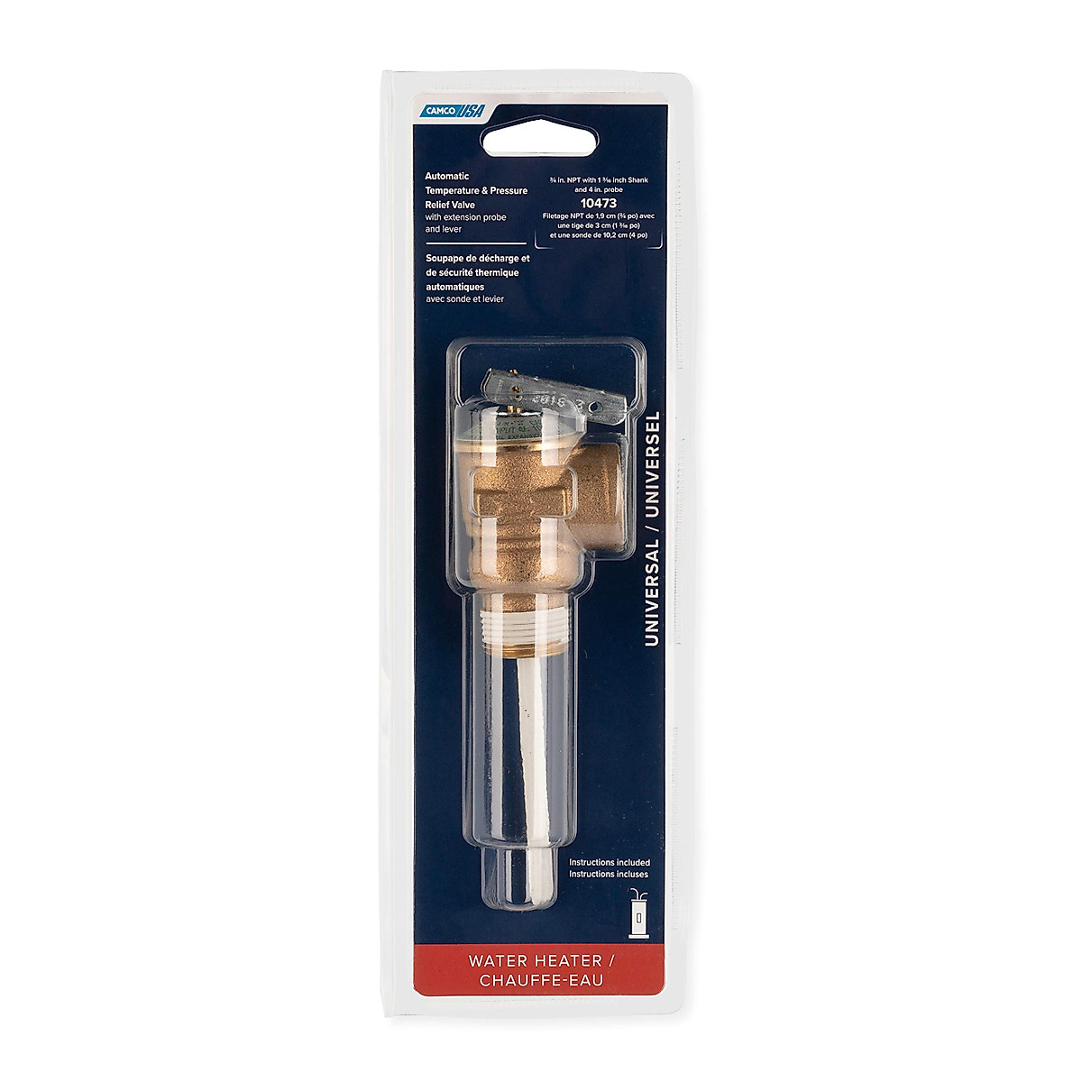 Camco Automatic Temperature and Pressure Relief Valve with Extension Probe and Lever | Features an All Brass Body with a Stainless Steel Pressure Spring | (10473), Silver/Pewter