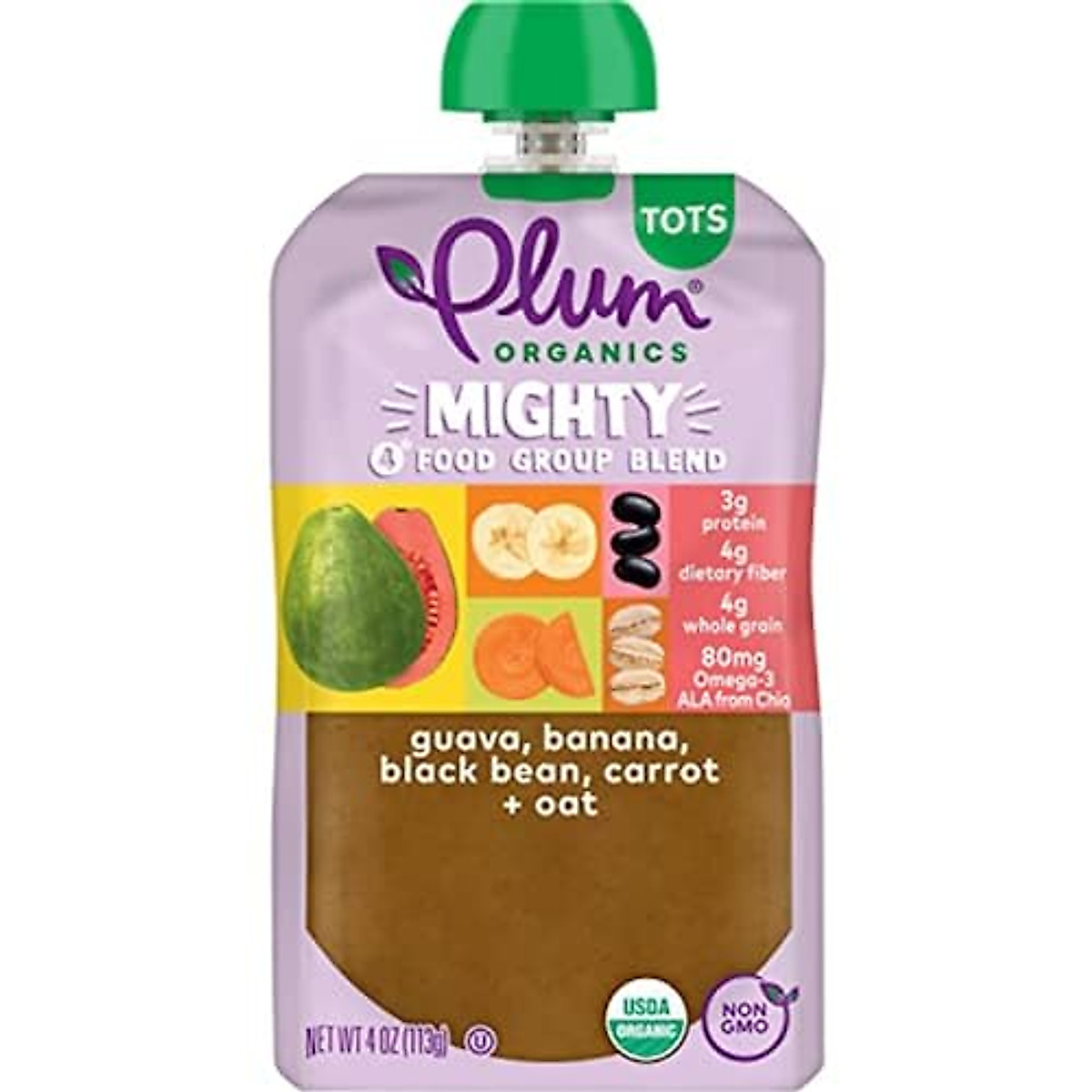 Plum Organics Mighty 4 Organic Toddler Food - Guava, Banana, Black Bean, Carrot, and Oat - 4 oz Pouch (Pack of 6) - Organic Fruit and Vegetable Toddler Food Pouch