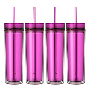 Set of 4 Double Wall Skinny Acrylic Tumblers 16 Oz, with Straws (Pink)